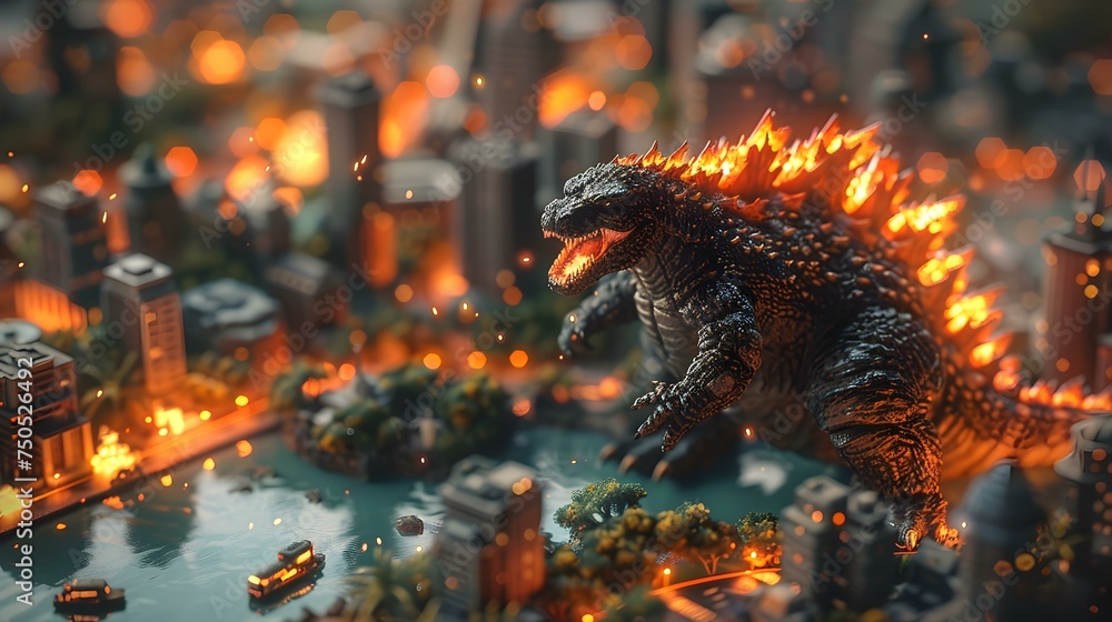 Miniature godzilla terrorizing cityscape with blazing flames in ...