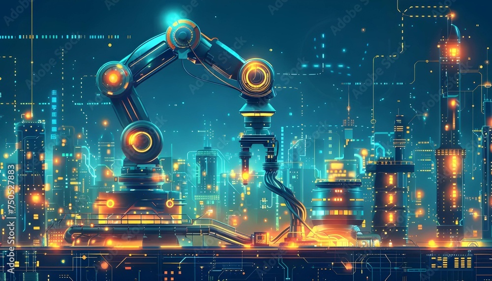 Robotic arm performing precision work on an illuminated electronic ...