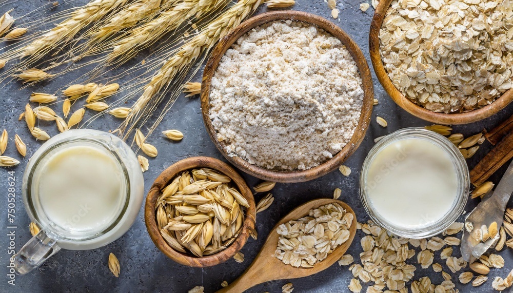oat milk flour dry flakes and whole grains top view set from organic ...