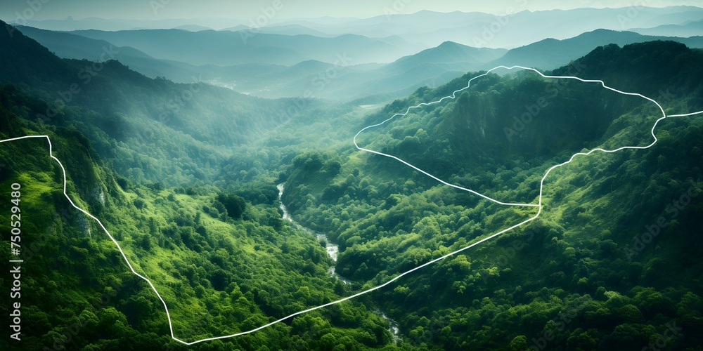 A detailed map displaying lush green landscapes with marked trails and ...