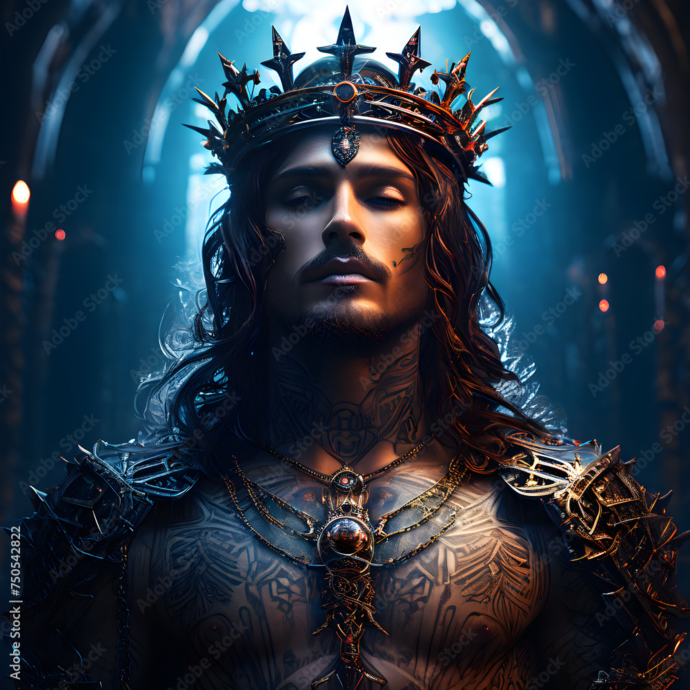 "King 44", a digital portrait of a king wearing a crown with a sci-fi ...