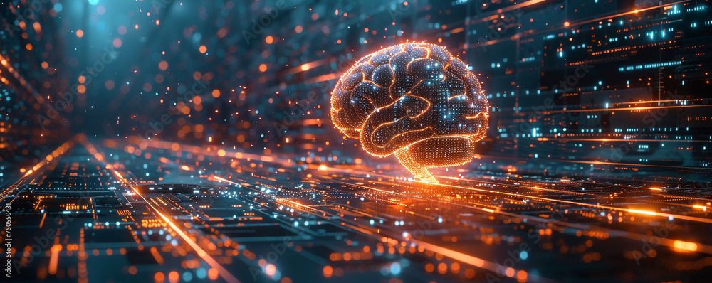 Glowing digital brain floating above futuristic circuit board, representing advanced artificial ...