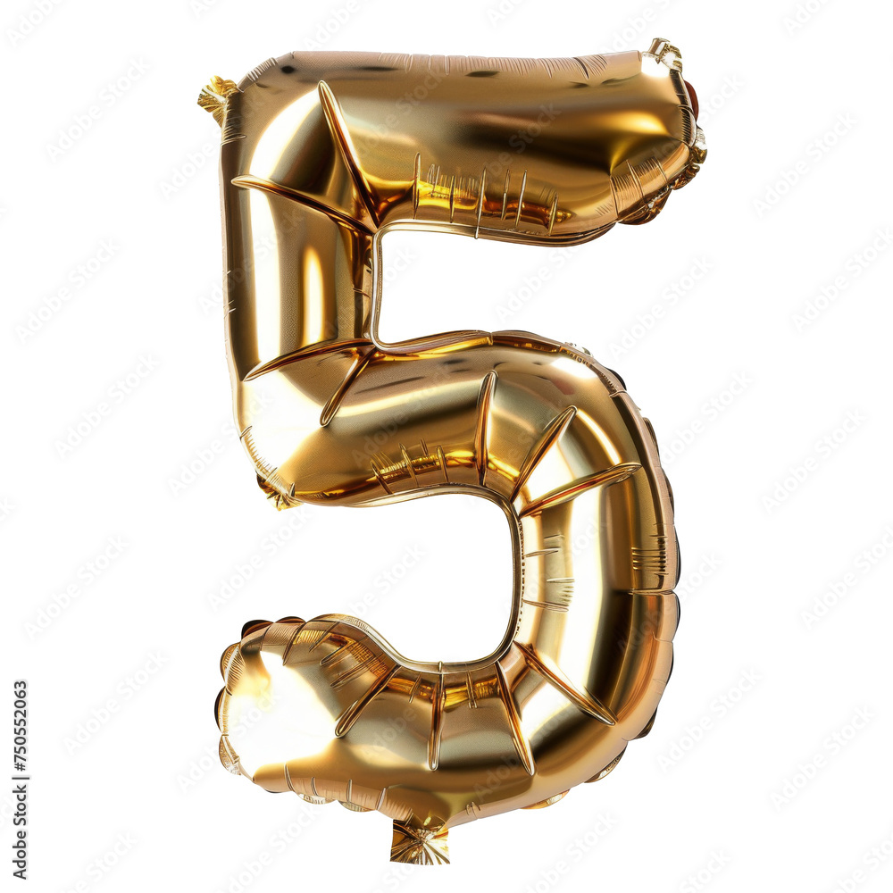 Golden Number five Balloon on White Background, A shiny golden number ...