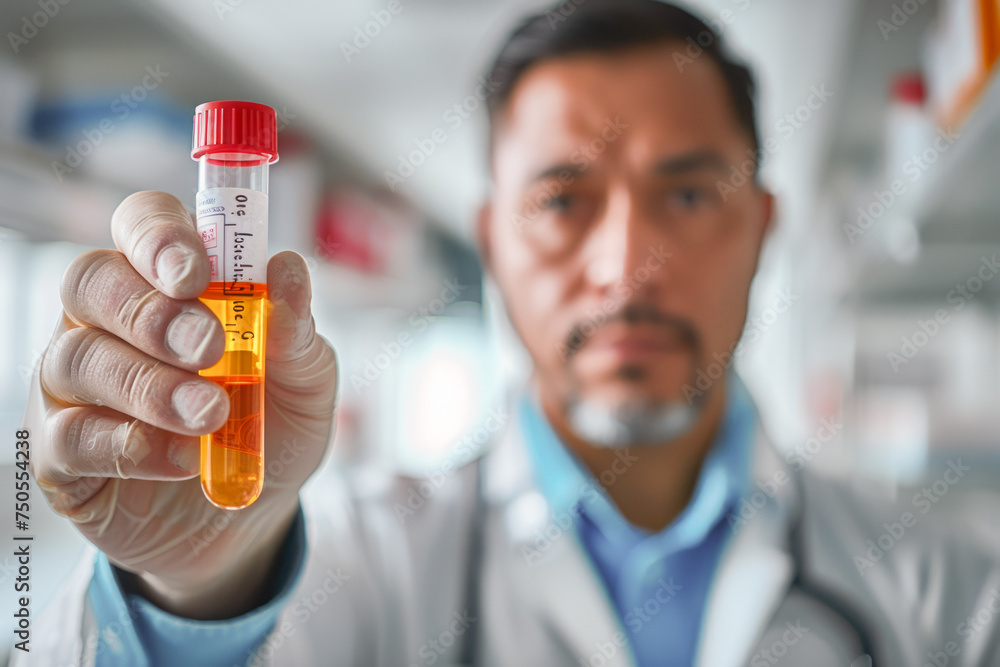Doctor holding a urine test vial in focus, a vital element in the ...