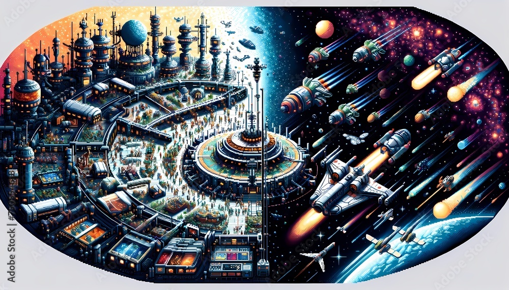 Interstellar Space Station Hub - Galactic Pixel-Art Illustration Stock ...