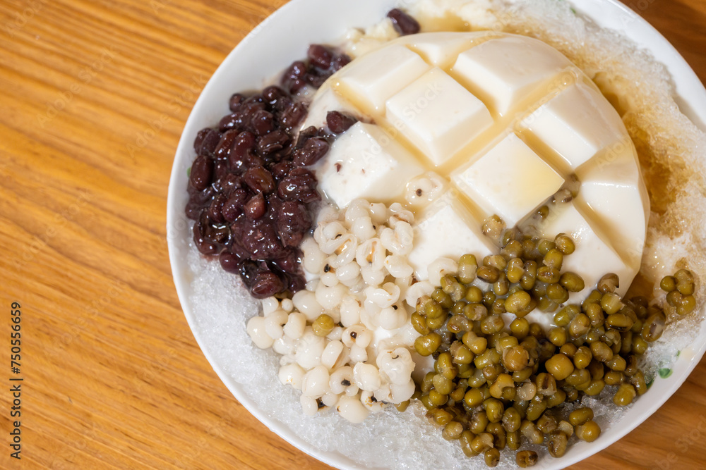 Taiwanese dessert consisting of almond jelly with mung beans, barley ...