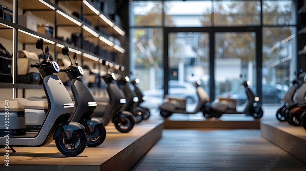 Electric scooters showcased in modern retail shop with stylish ...