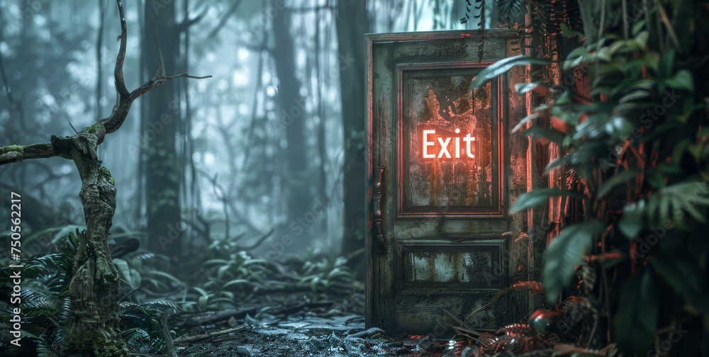 An enigmatic door with a bright red 'Exit' sign stands alone among the ...
