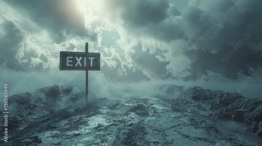 An exit sign stands alone on a desolate mountain path shrouded in mist ...