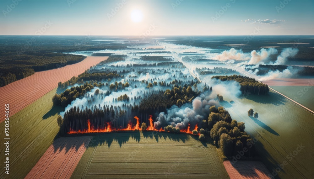 forest fire in a forest next to fields,top view, photo from the height ...