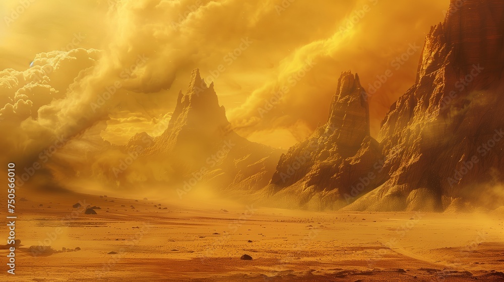 mystical desert landscape with golden mountains and sand dunes Stock ...