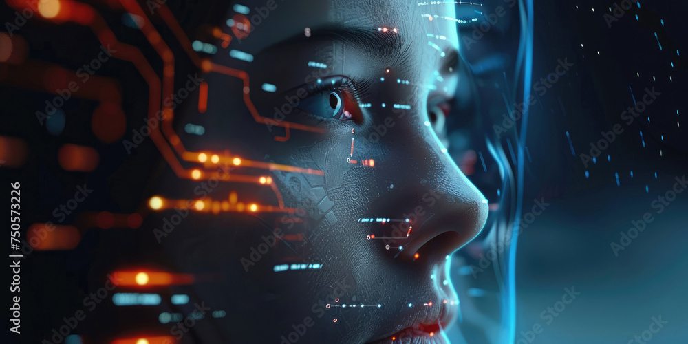 Technological scanning. Side view of the face of a beautiful young ...