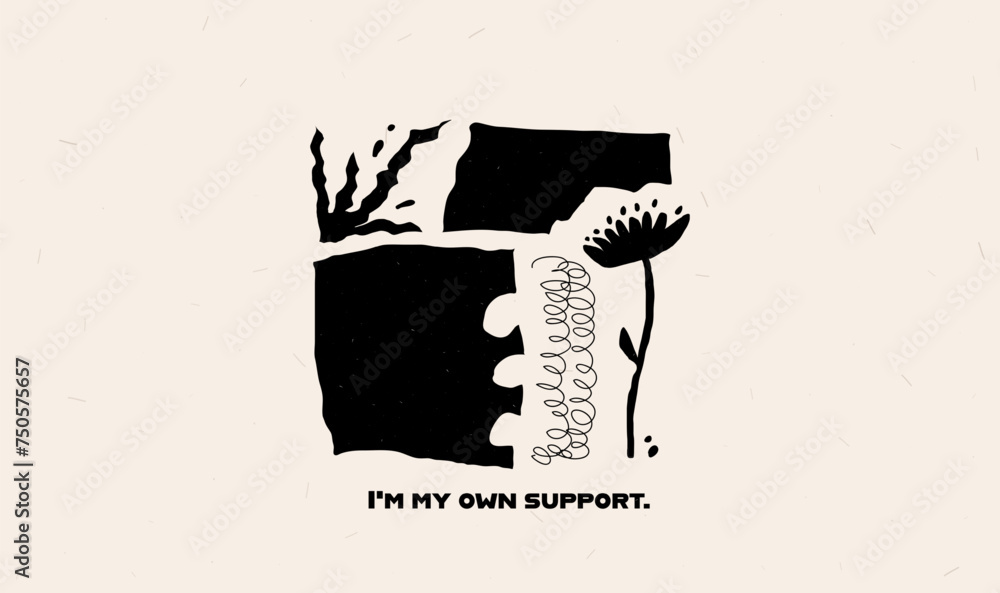 Grungy grainy print with abstract shapes and flower and plant and ...