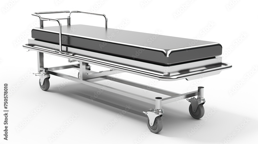 A simple stainless steel and chrome hospital or mortuary gurney with ...
