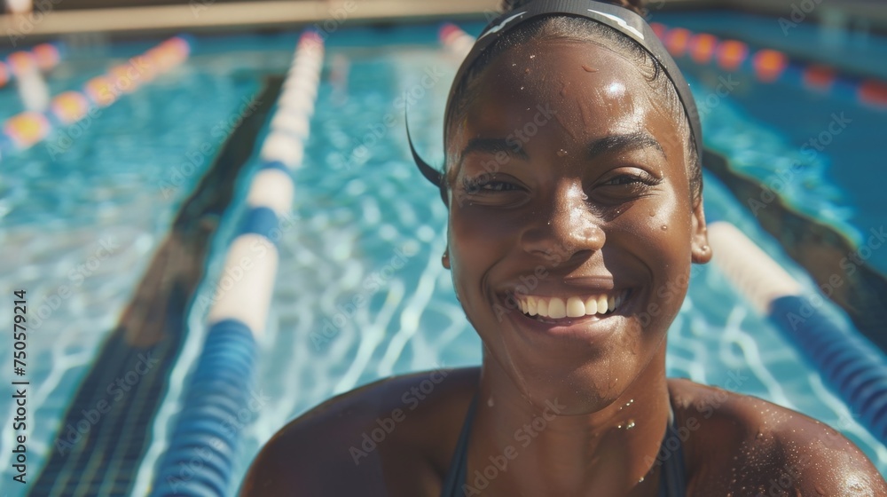 Joyful female swimmer smiling in pool, reflecting competitive spirit ...