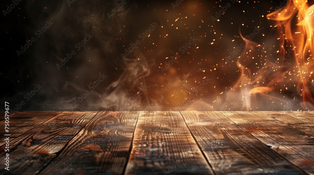 Rustic wooden table plank with fire flame burning on background ...