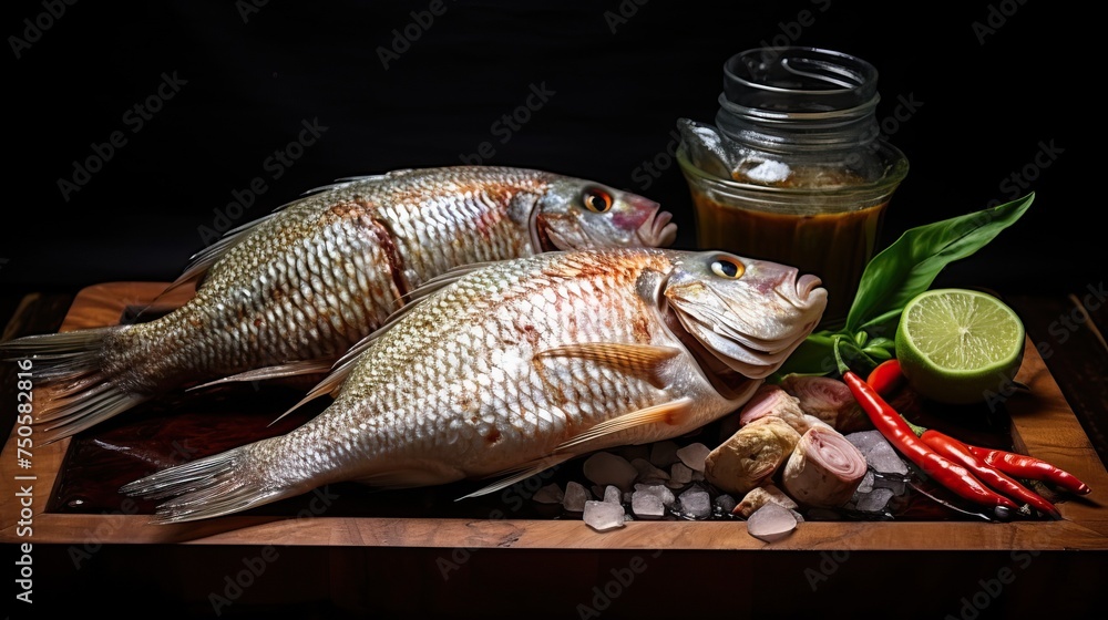Fresh Tilapia fish on board with a cup of salt, and garlic. Oreochromis ...