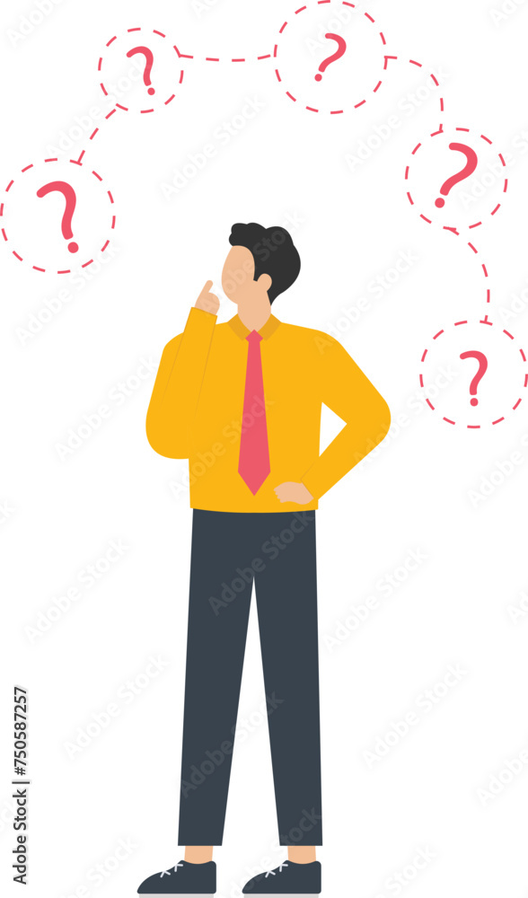 Thoughtful with question marks solving problems or searching solutions, Problem solving and ...