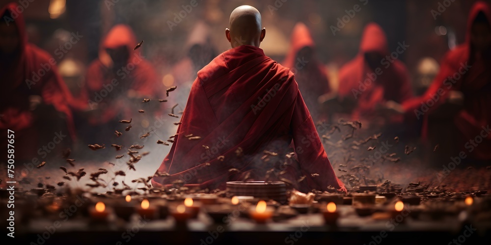 Monk in vibrant red robes conducting sacred rituals within a temple ...