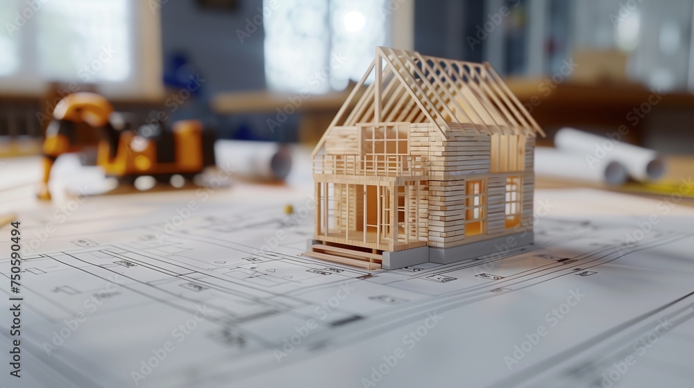 A new residential house in the midst of construction, with wooden ...