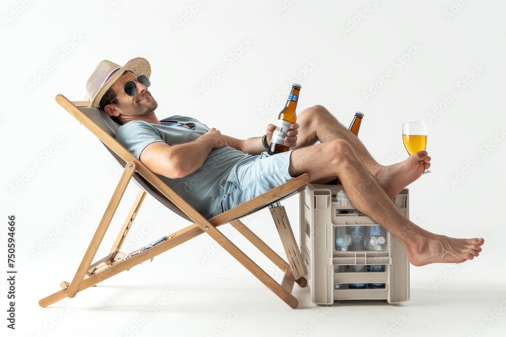 A Tourist Sits In A Deck Chair Next To A Cooling Box Filled With