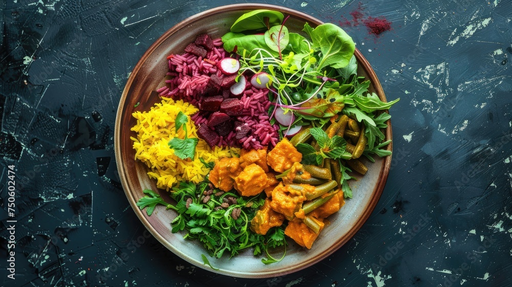 a food plate, a red rice, yellow dhal curry, finely chopped leafy ...