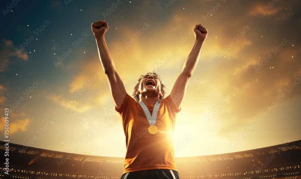 Triumphant Victory Pose. A photo of an athlete striking a triumphant ...