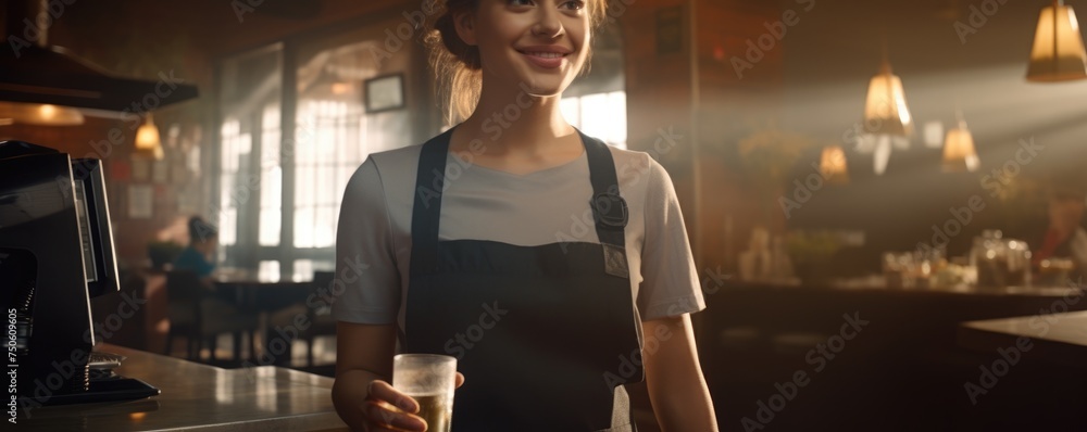 Portrait of a pretty young smiling waitress in a restaurant. Stock ...