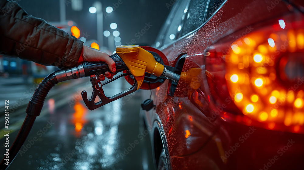 A close up image of a hand filling up a car with gas at a gas station ...
