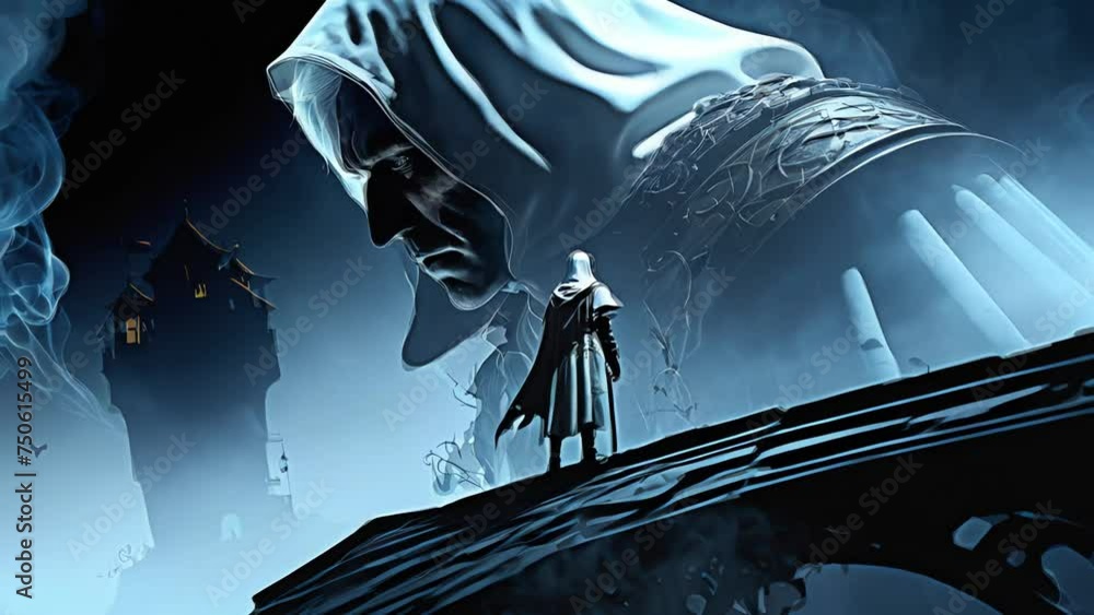 a surreal soul knight under the moon light in a misty fantasy world ...