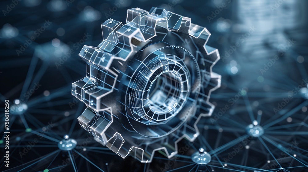 3D wireframe illustration of a gear on a dark blue background ...