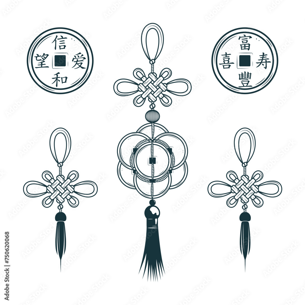 Set of Chinese coins with holes and knots for good luck isolated on ...