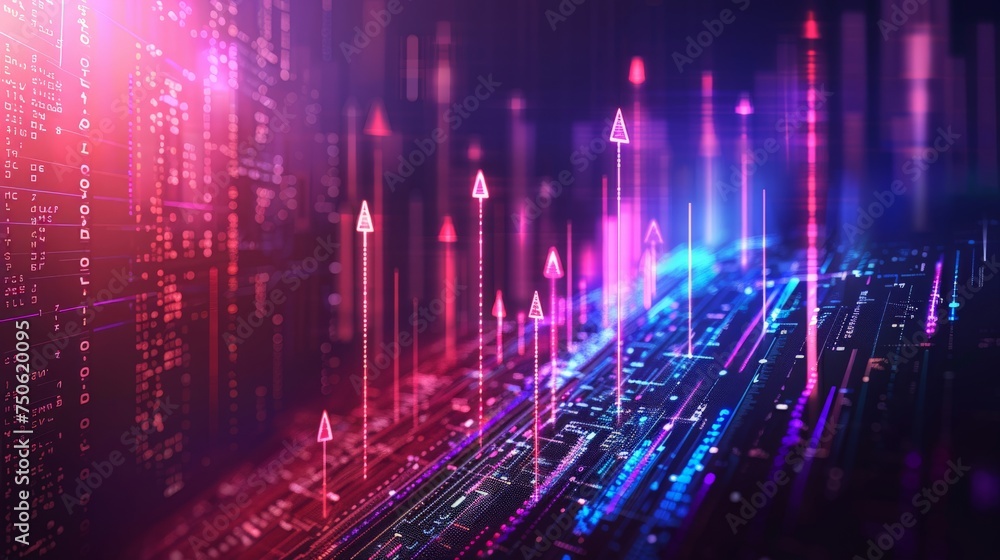 Abstract background with digital data symbols and rising arrows ...