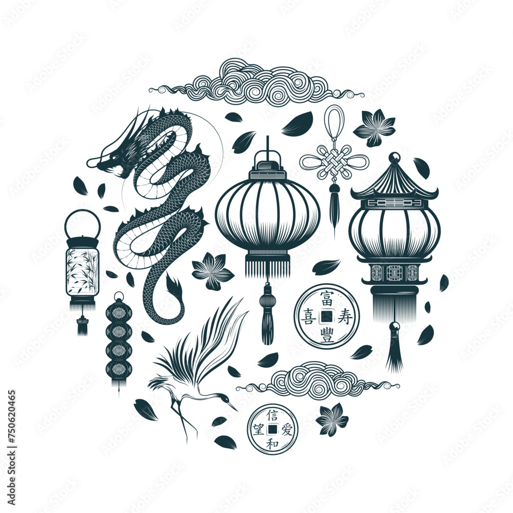 Feng Shui symbols collection. Hand drawn isolated set of chinese decor ...