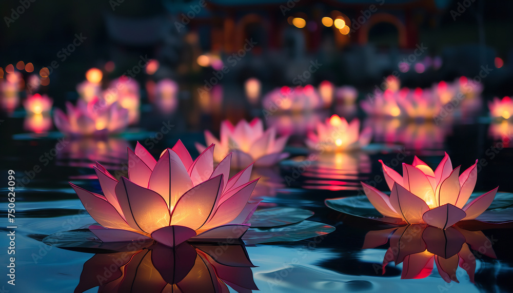 Vibrant lotus lanterns illuminating a Buddhist festival - embodying ...