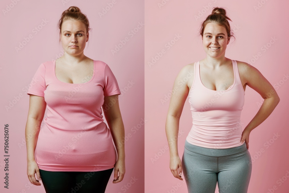woman posing before and after weight loss, fitness transformation ...