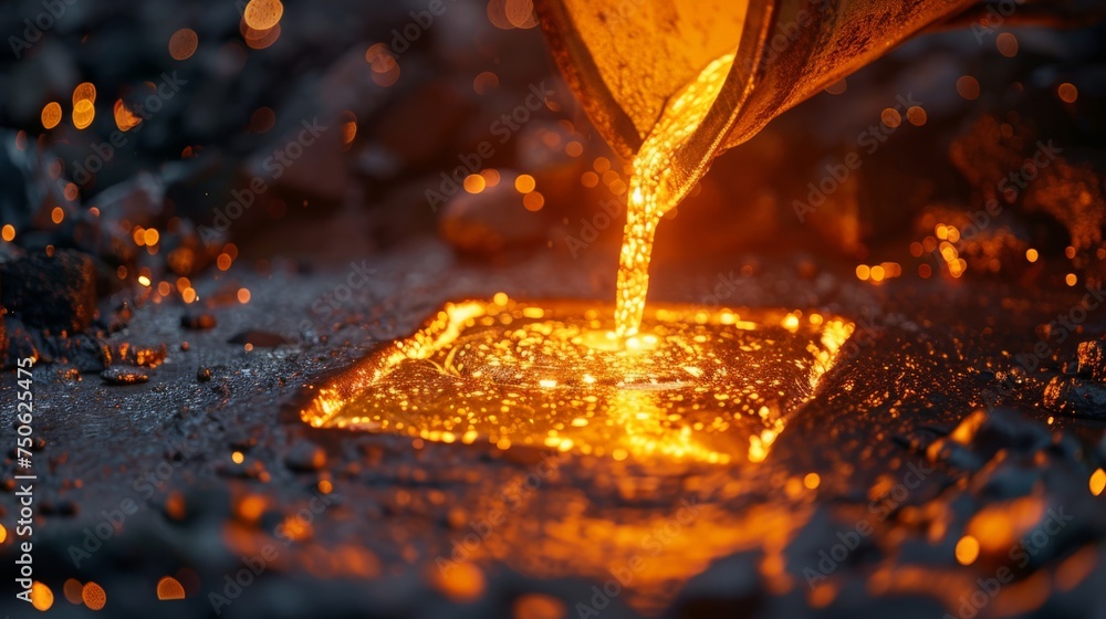 Detailed view of a glowing molten gold being poured into a mold ...