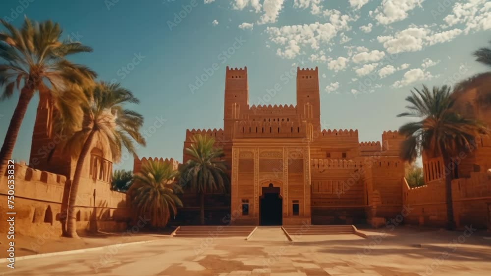 Ancient traditional architecture. Golden fortress in desert. Sandy ...
