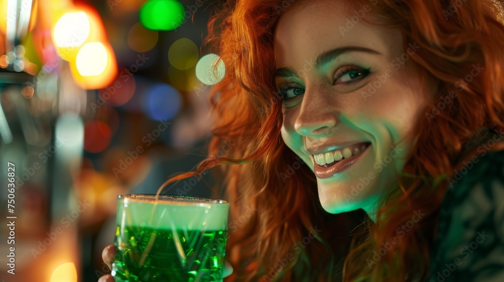 Festive Irish Cheer with Green Beer. A radiant young woman with red ...