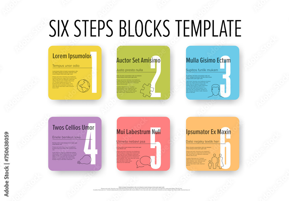 Light pastel progress six steps template with big numbers, descriptions ...