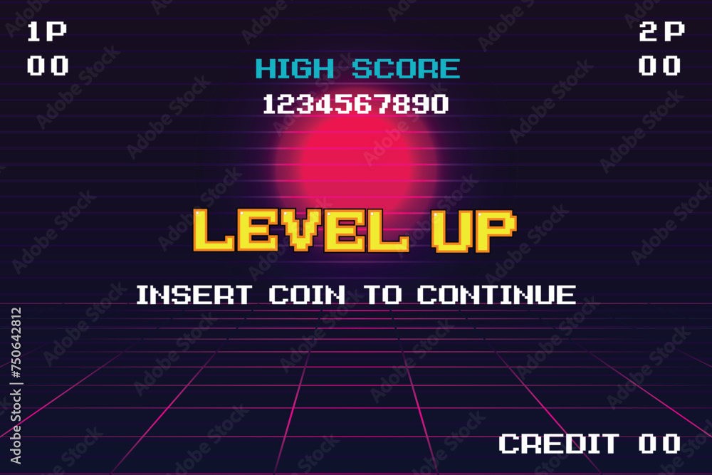 LEVEL UP INSERT A COIN TO CONTINUE .pixel art .8 bit game. retro game ...