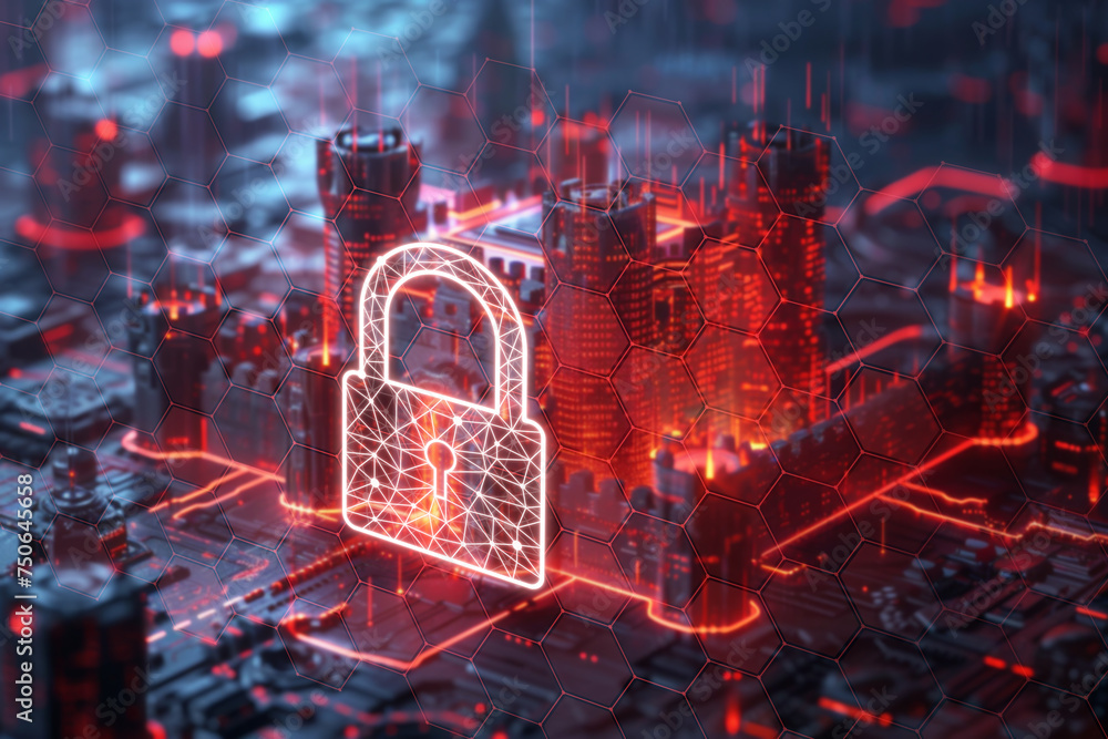 cybersecurity conceptual digital fortress with glowing walls and lock ...