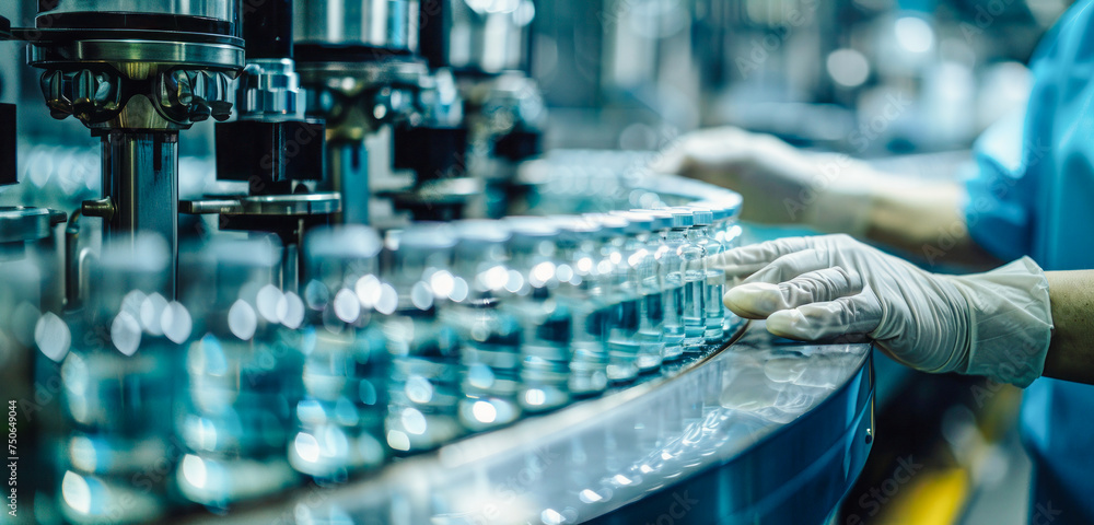 Gloved hand checks medical vials on a production line in a ...