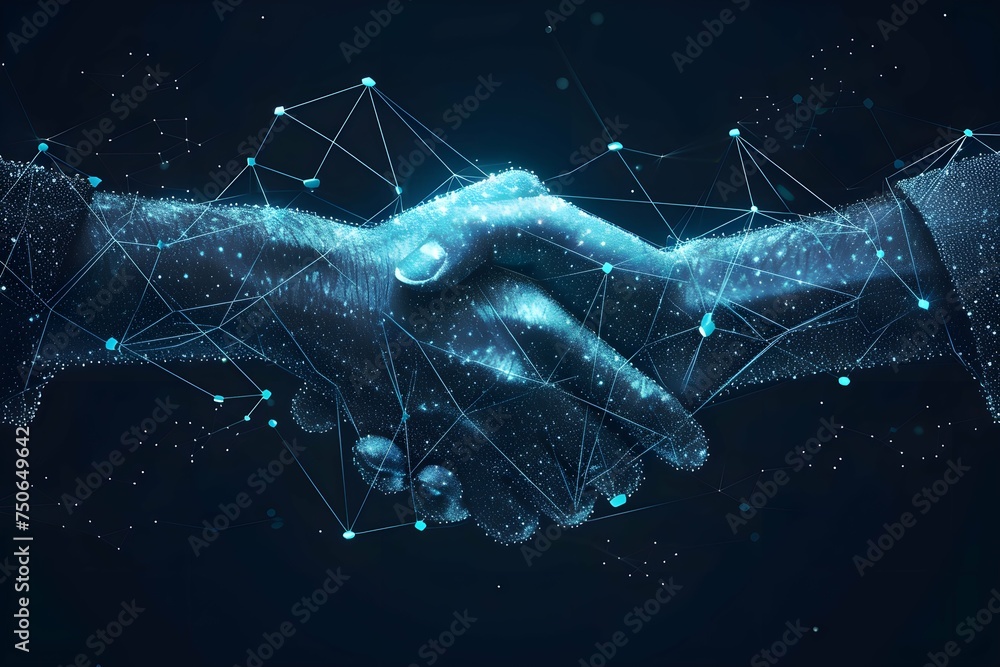 Abstract low poly agreement handshake. isolated on blue dark background ...