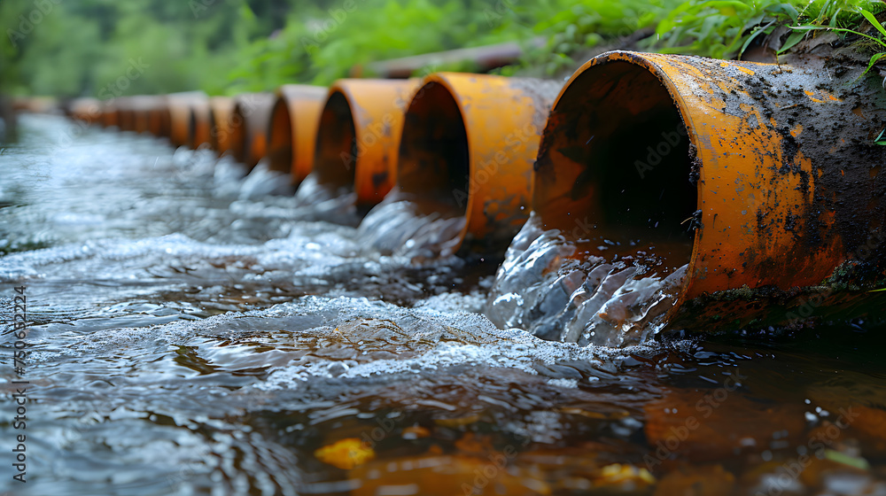 Wastewater pollution, industrial pipe, sewage, dirty water leakage into ...