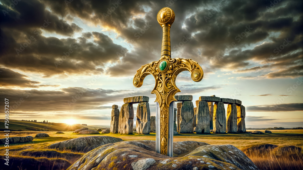 Excalibur - The Sword in the Stone. Majestic, ornate sword stands ...