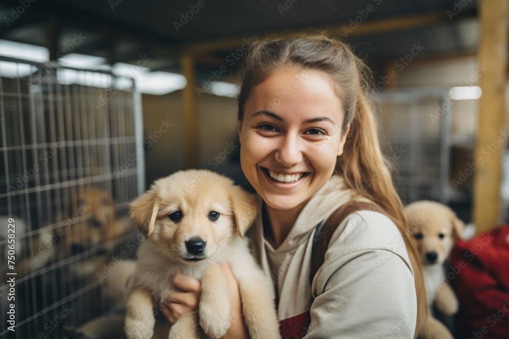 Poster, Foto Woman volunteering at an animal shelter her compassion making a difference in th ...