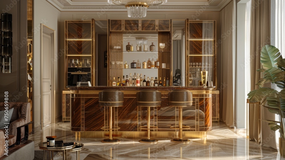 A sophisticated residential bar corner boasting gilded accents ...