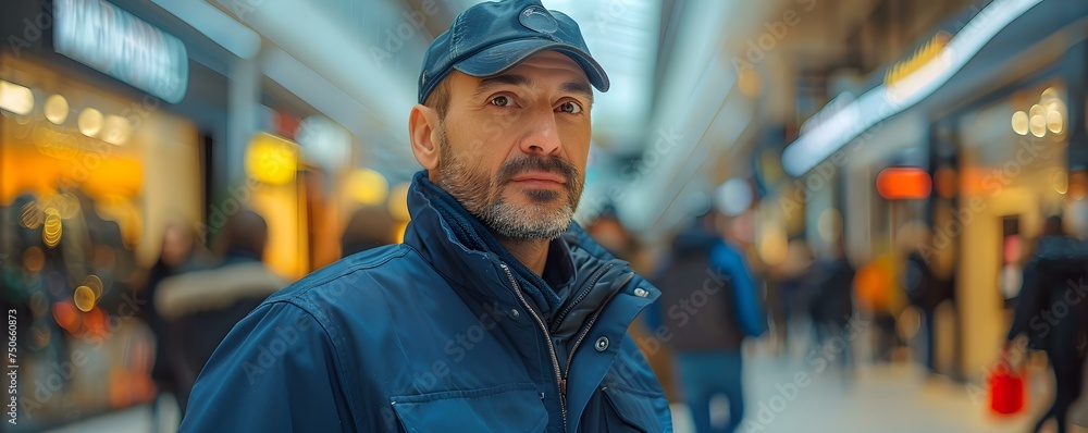 A diligent security guard dressed in a navy blue uniform keeps a ...