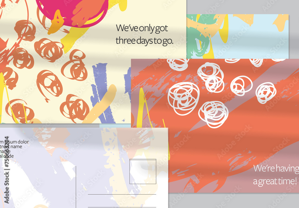 Postcard Layout with Hand Drawn Abstract Brush Strokes and Floral ...